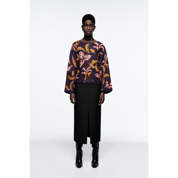 Zara | Sweaters | Zara Floral Embroidered Whipstitch Pom Bell Sleeve ...